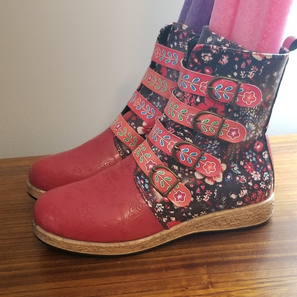 Shoes | Red Floral Boho Boots Nwot | Poshmark